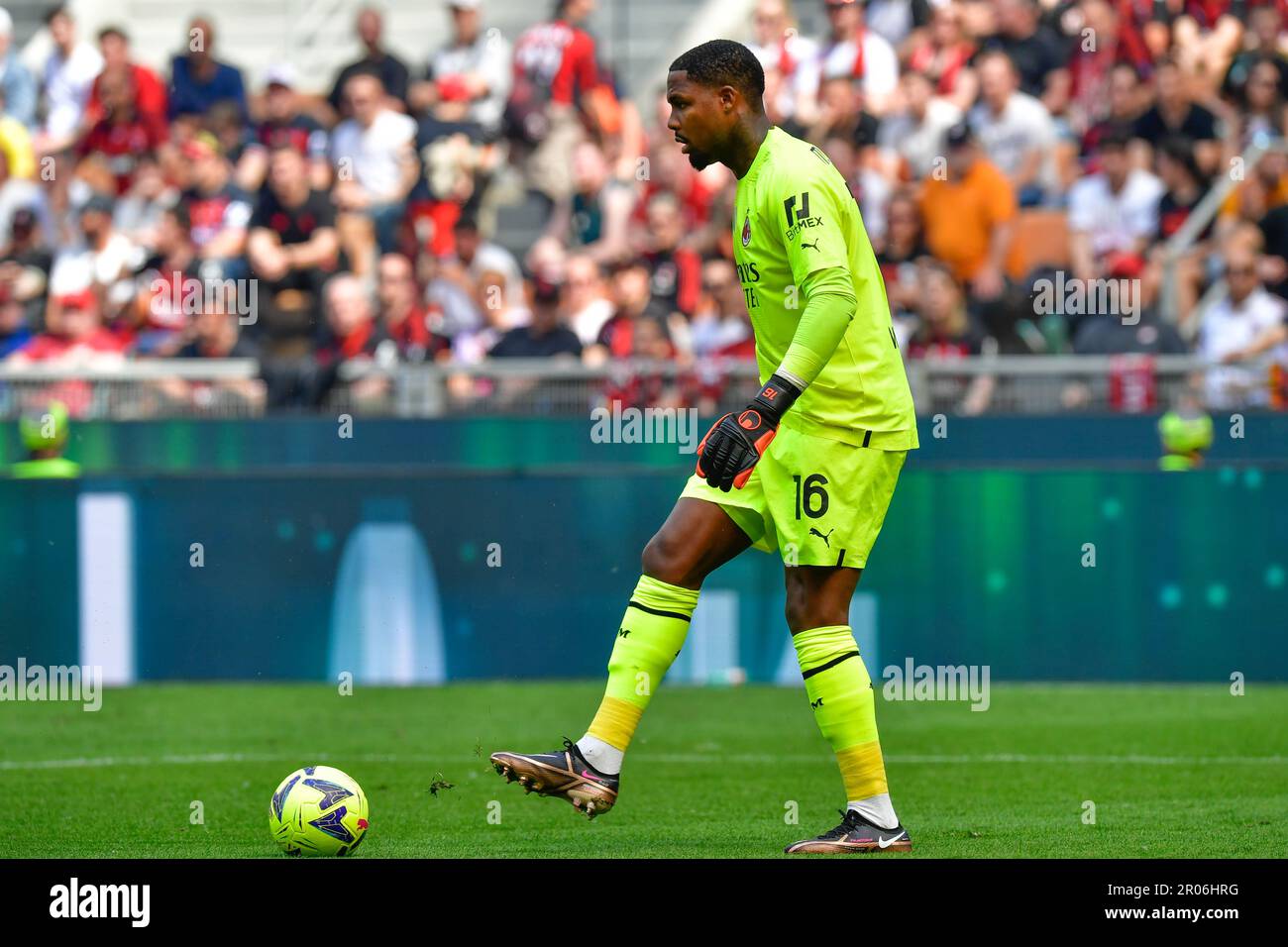 Milano, Italy. 06th May, 2023. Goalkeeper Mike Maignan (16) of AC Milan ...