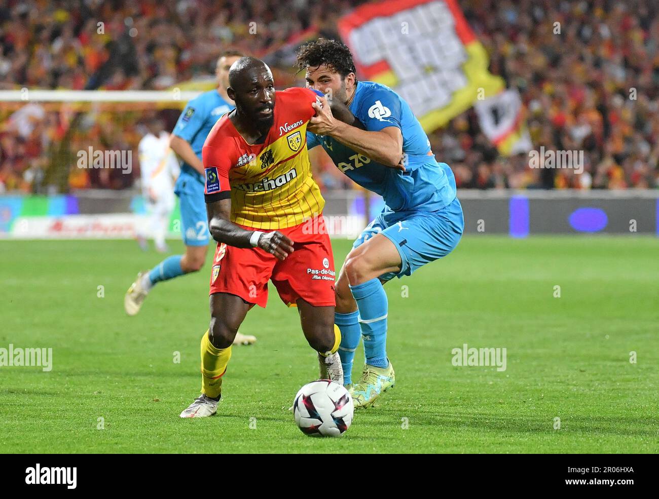 Lens, France. 07th May, 2023. Seko Fofana of RC Lens and Lead Kolasinac Olympique de Marseille ...