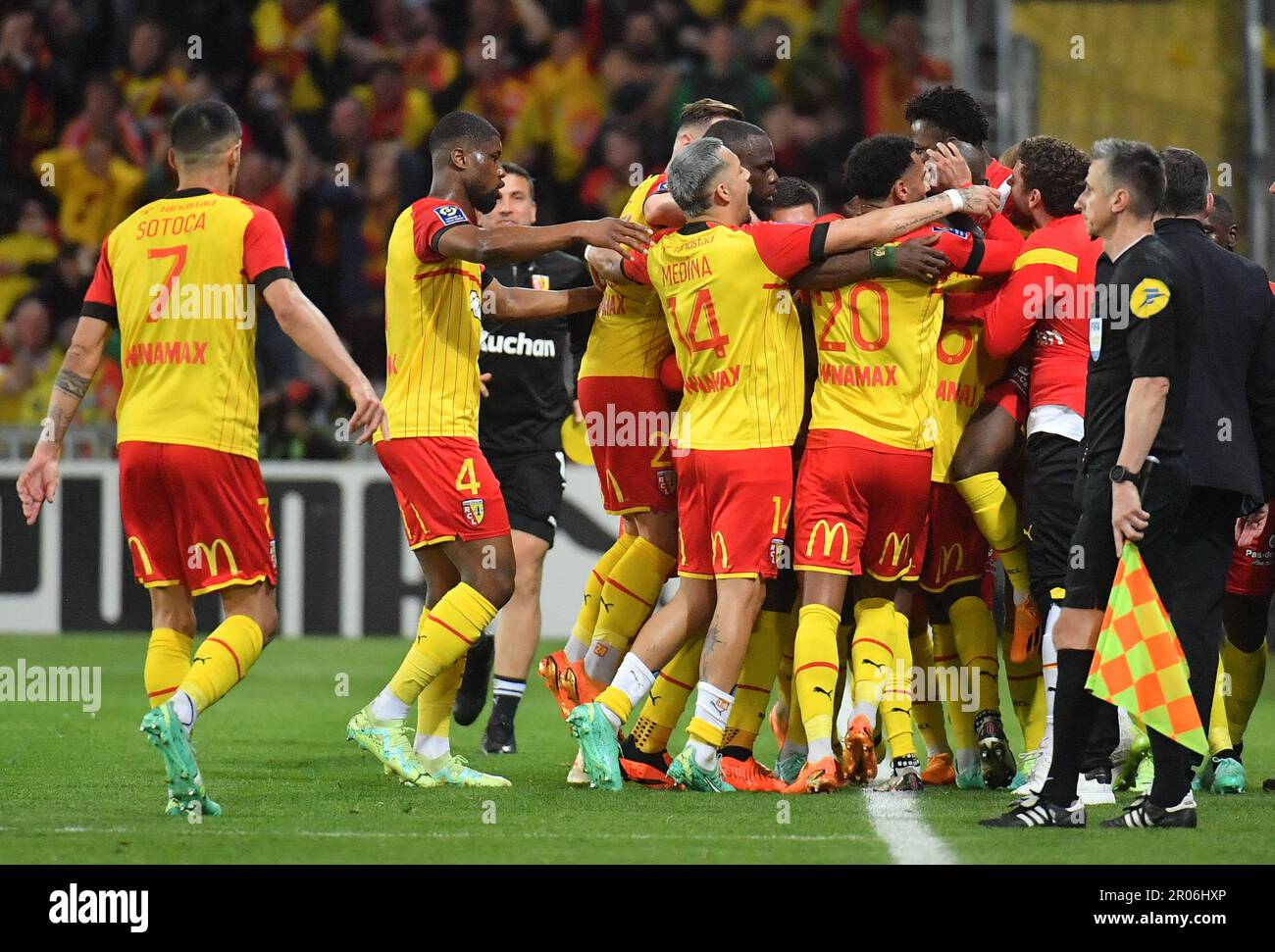 Lens, France. 07th May, 2023. Seko Fofana celebrate of RC Lens in action during the French Ligue ...