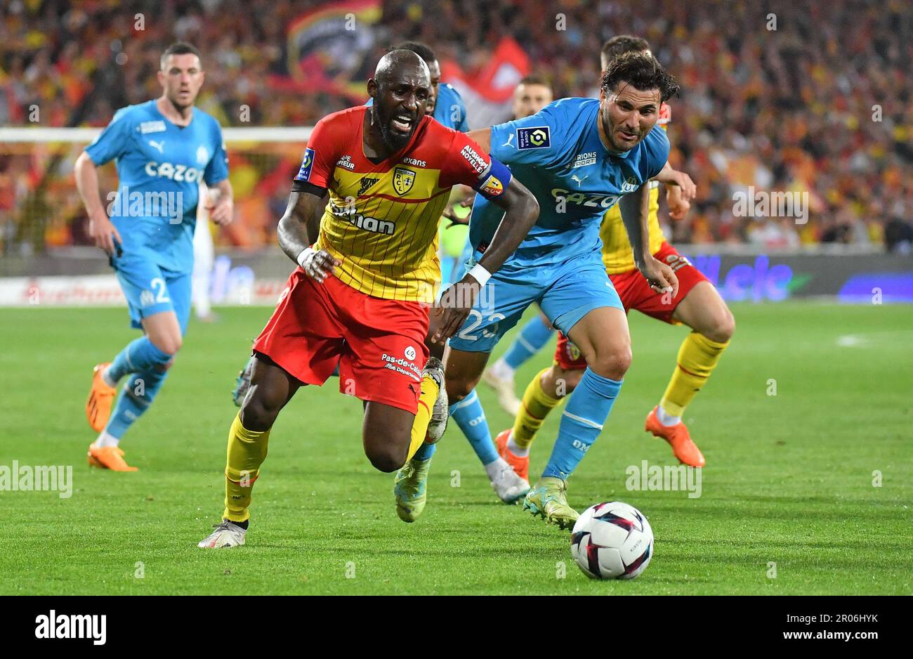 Lens, France. 07th May, 2023. Seko Fofana of RC Lens and Lead Kolasinac Olympique de Marseille ...