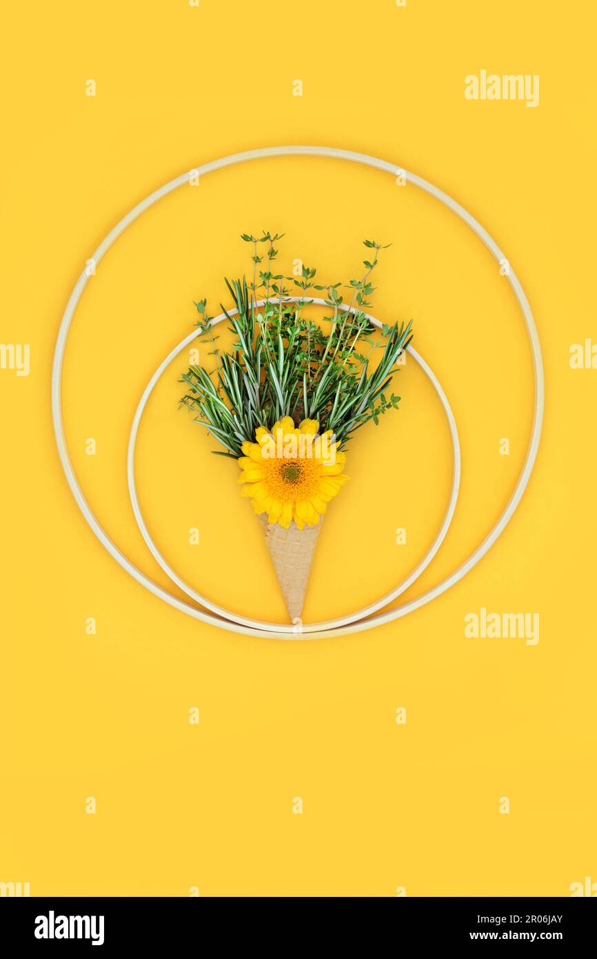 Surreal summer sunshine food concept with ice cream waffle cone, herb ...