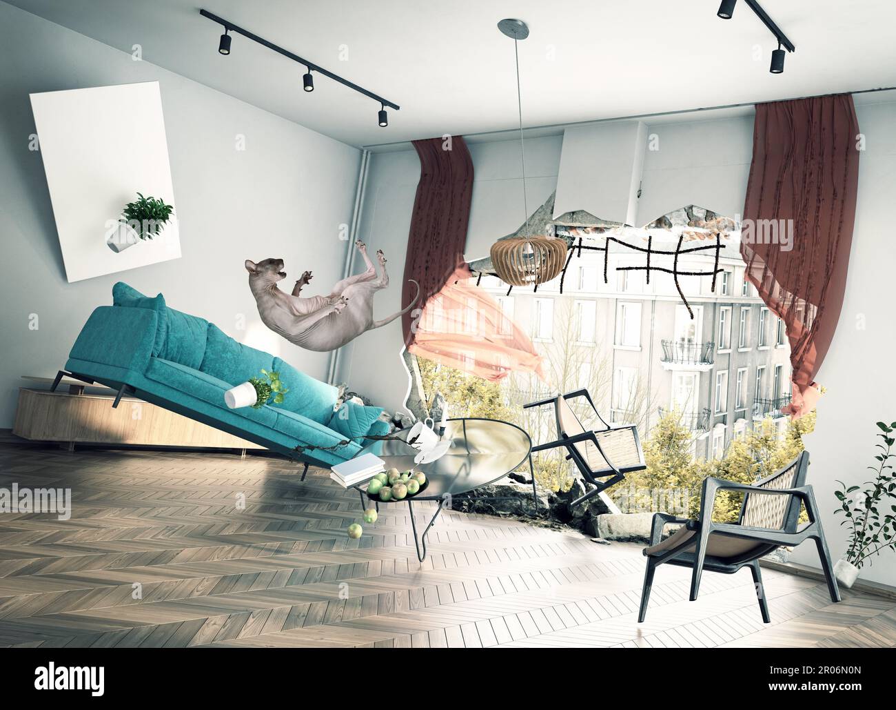 Illustration of a destroyed room with scattered debris and a startled ...