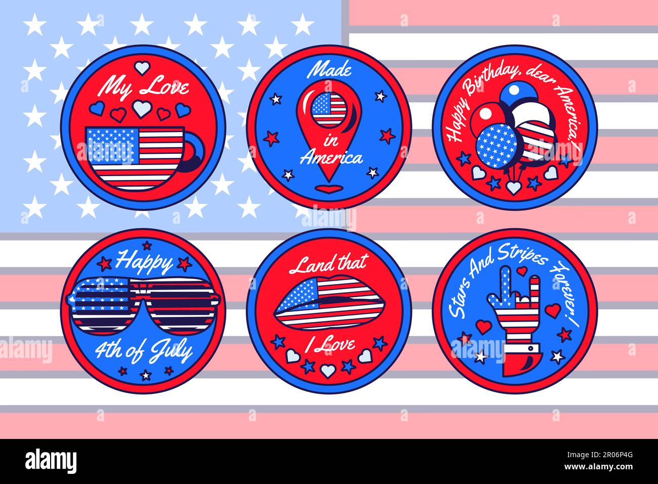 Round stickers decal set with coffee mug, pointer, garland of balloons ...