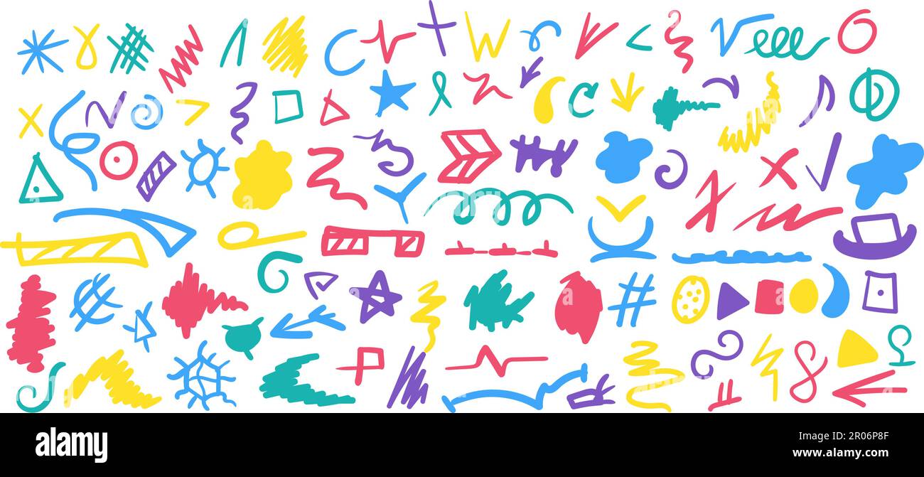 Large set of dashes lines iconic symbols hand drawn with multicolored ...