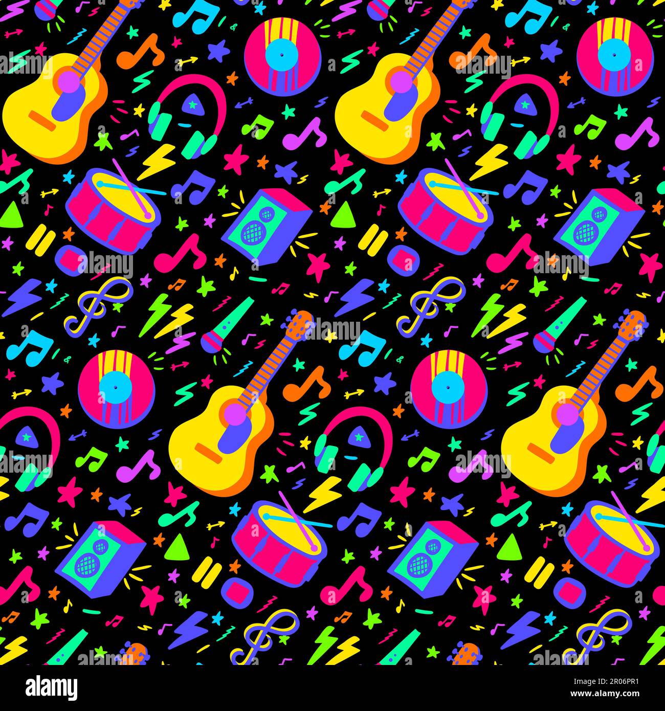 Musical concert instruments neon seamless pattern with guitar, drum and ...