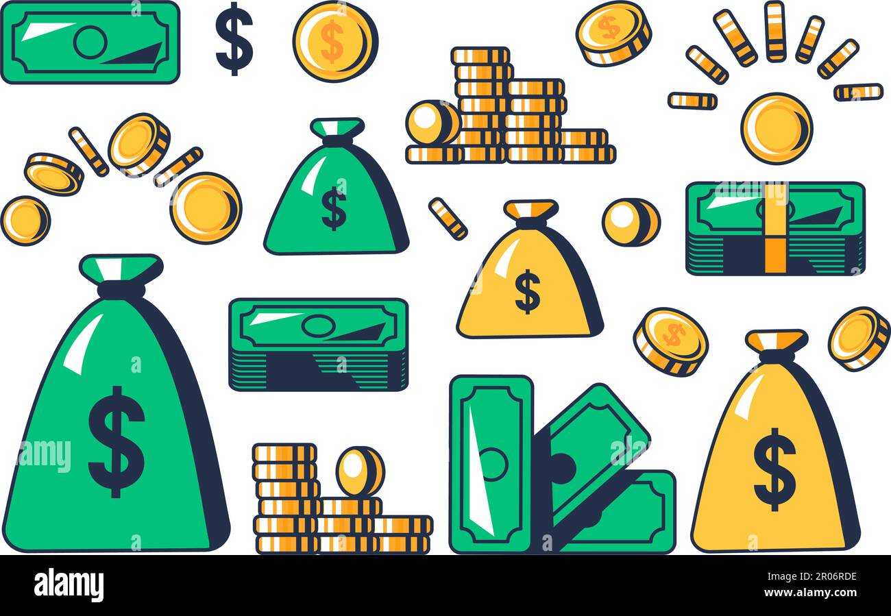 Set of cash american money paper green bills gold coins in stacks and ...