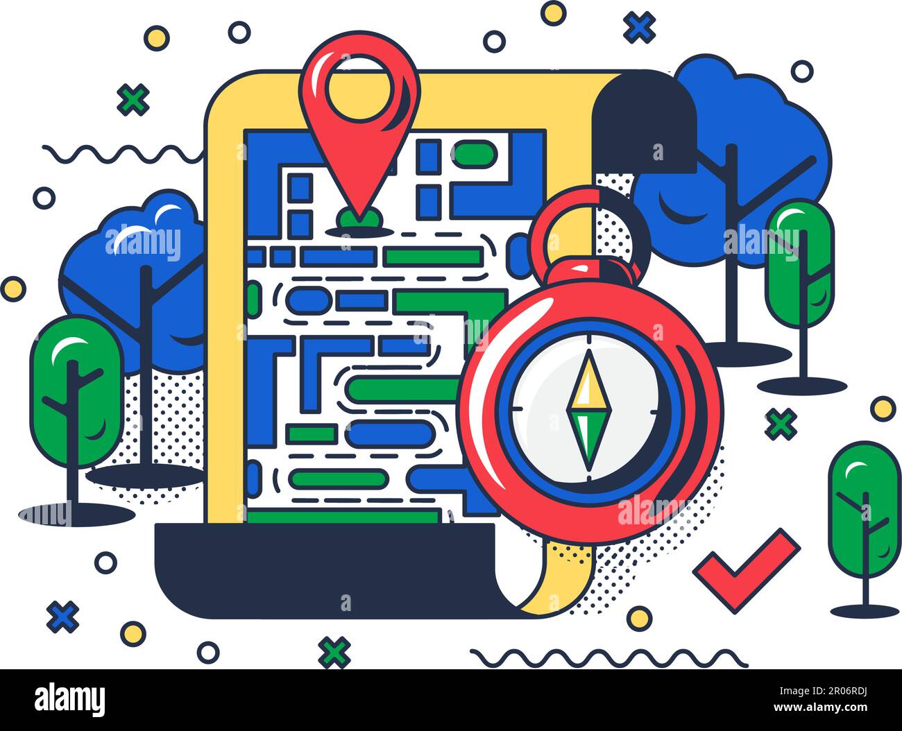 Tourist compass and red pointer indicates route direction on map ...