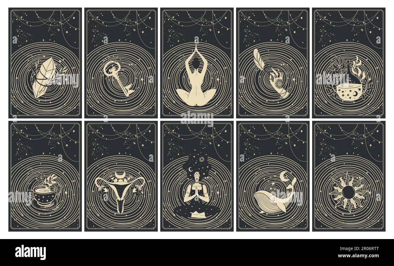 Set of magical tarot cards for witch, mystical symbols and witchcraft ...