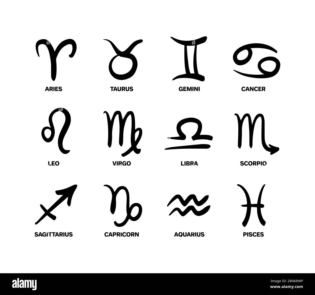 Icon set of 12 zodiac signs with text, elegant brush stroke line design ...