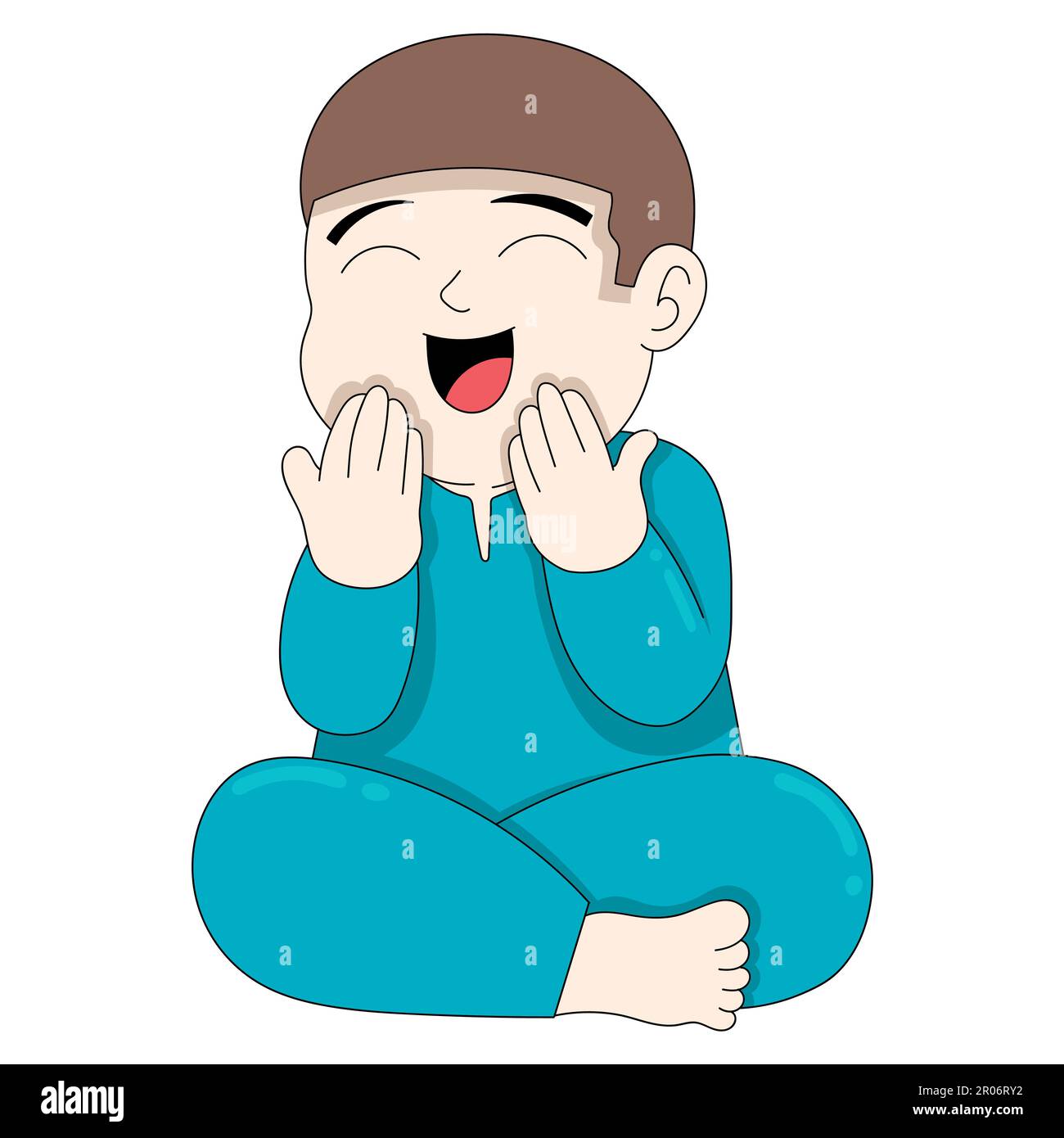 Muslim kid is sitting praying with happy face, vector design ...
