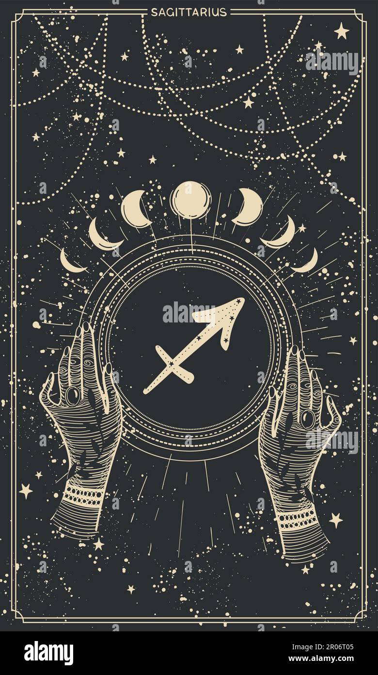Sagittarius Zodiac Sign Hand Drawn Fire Element Vintage Boho