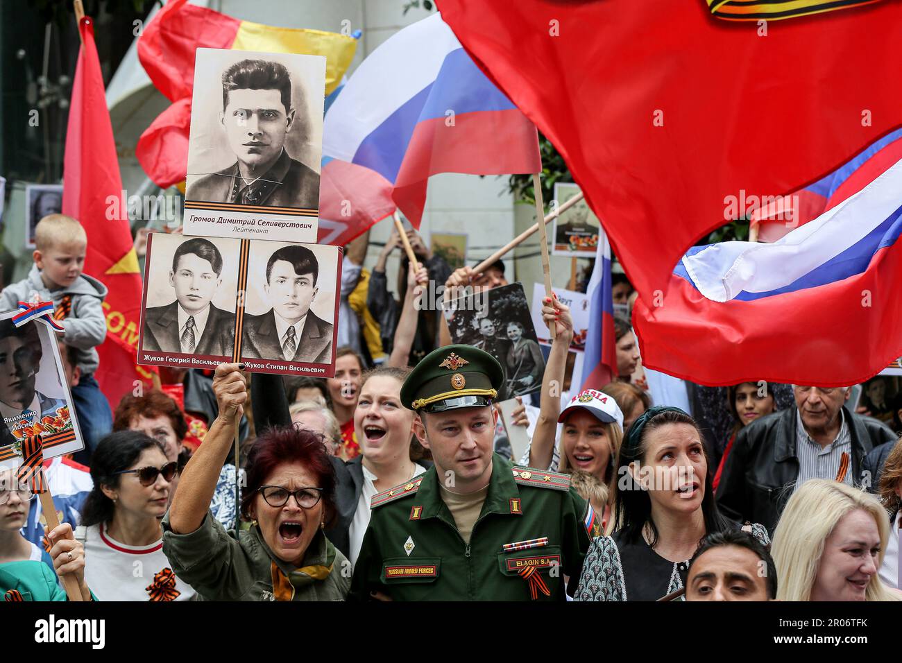 Beirut, Lebanon. 07th May, 2023. Russian nationals residing take part in a demonstration to mark ...