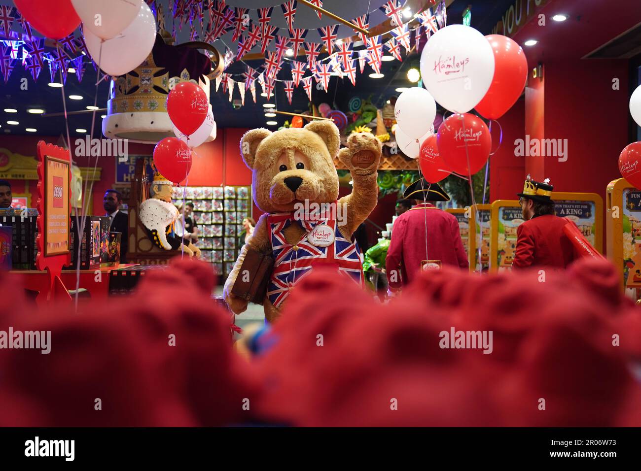 A bear mascot waves during the Hamleys Coronation concert at the toy ...