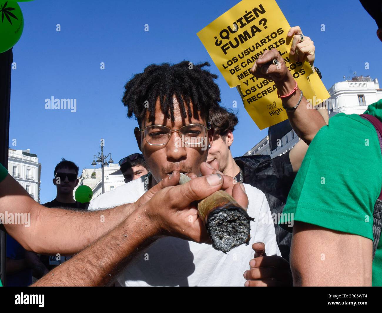 Madrid, Spain. 06th May, 2023. Young black man smokes a giant cannabis ...