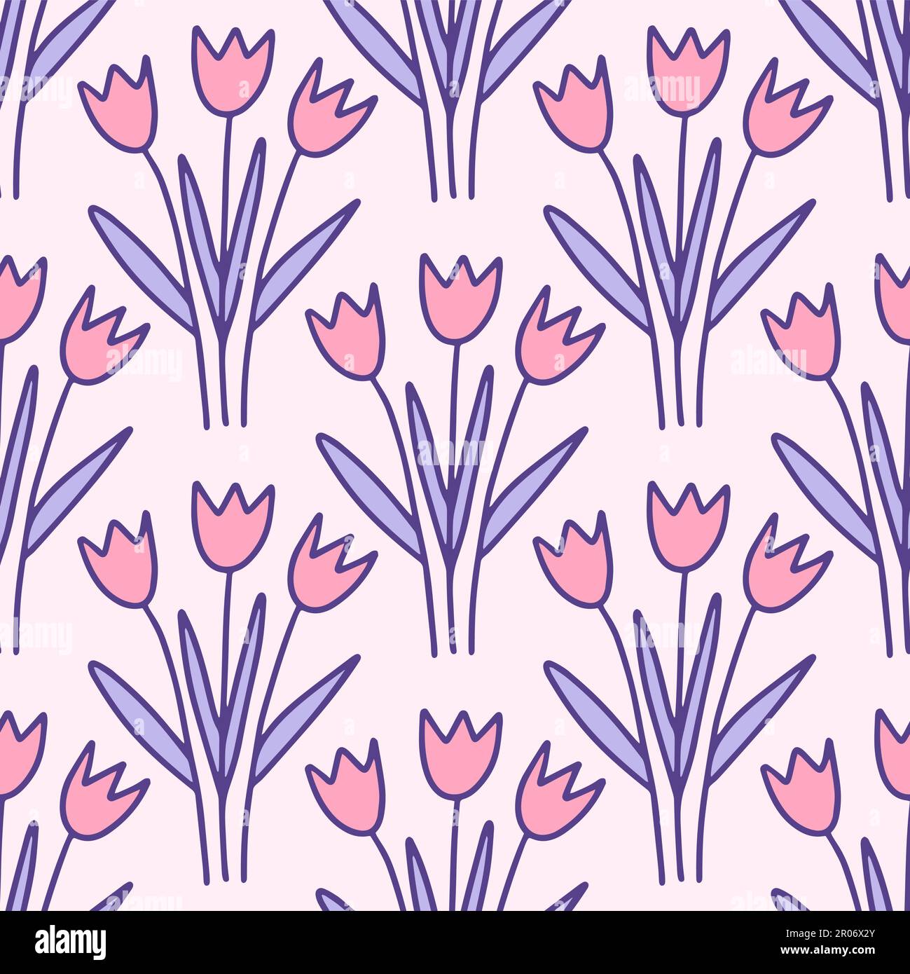 Seamless floral pattern with hand-drawn tulips in doodle style vector ...