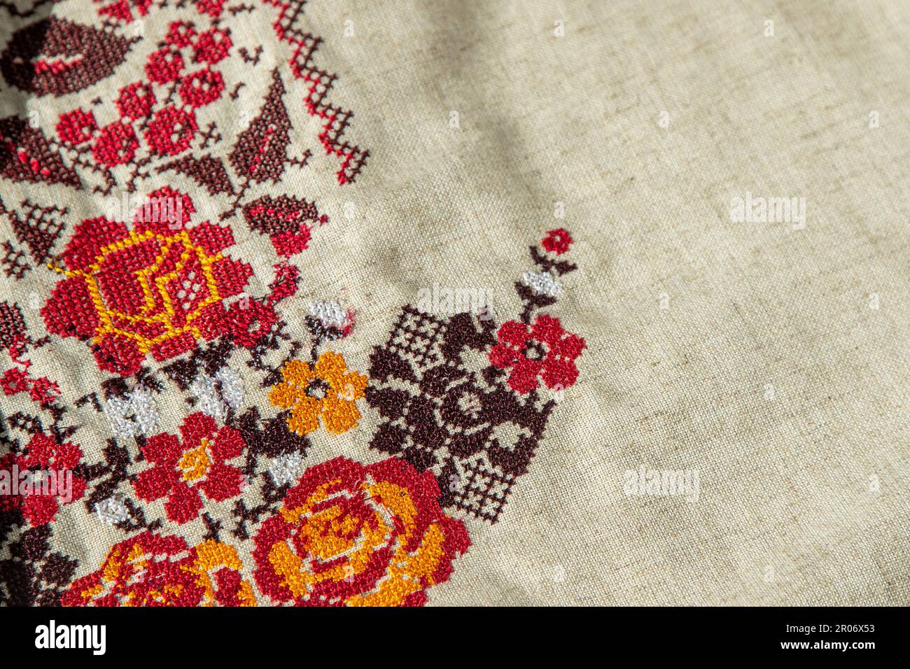 Ukrainian clothes embroidered shirt. Red orange and black threads ...