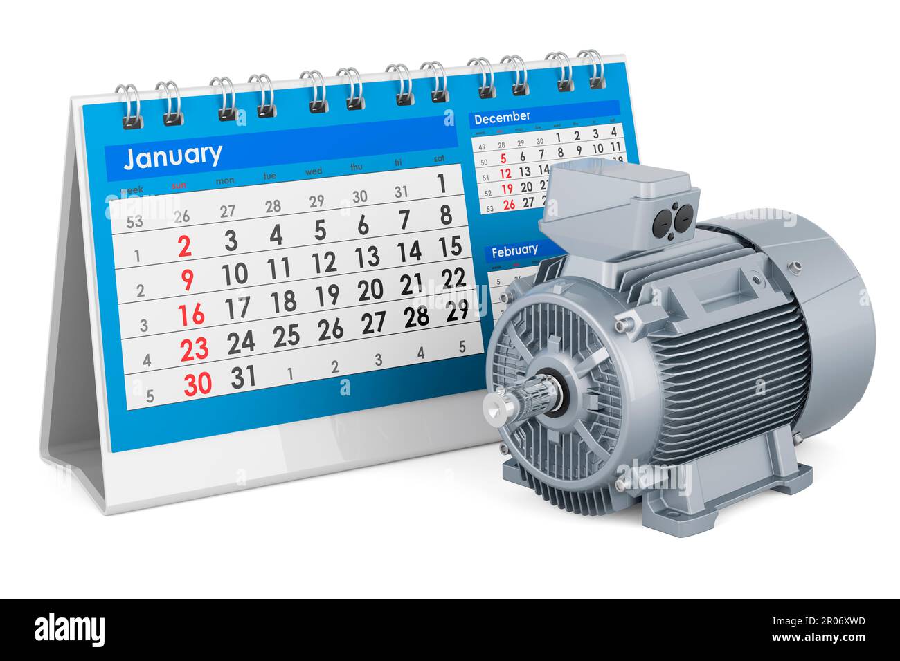 Industrial electric motor with desk calendar. 3D rendering isolated on ...