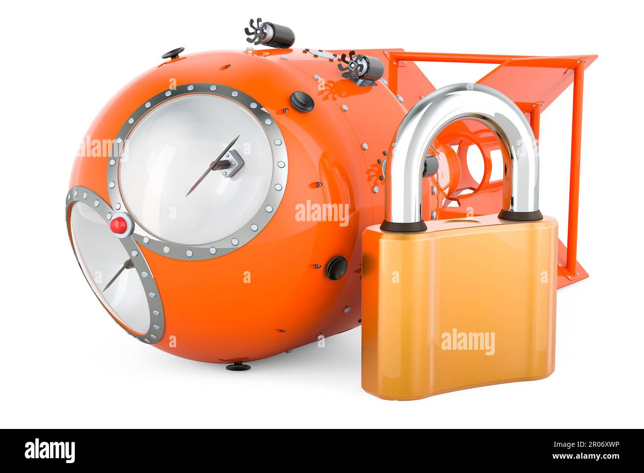 Atomic bomb, nuclear weapon with padlock. 3D rendering isolated on ...