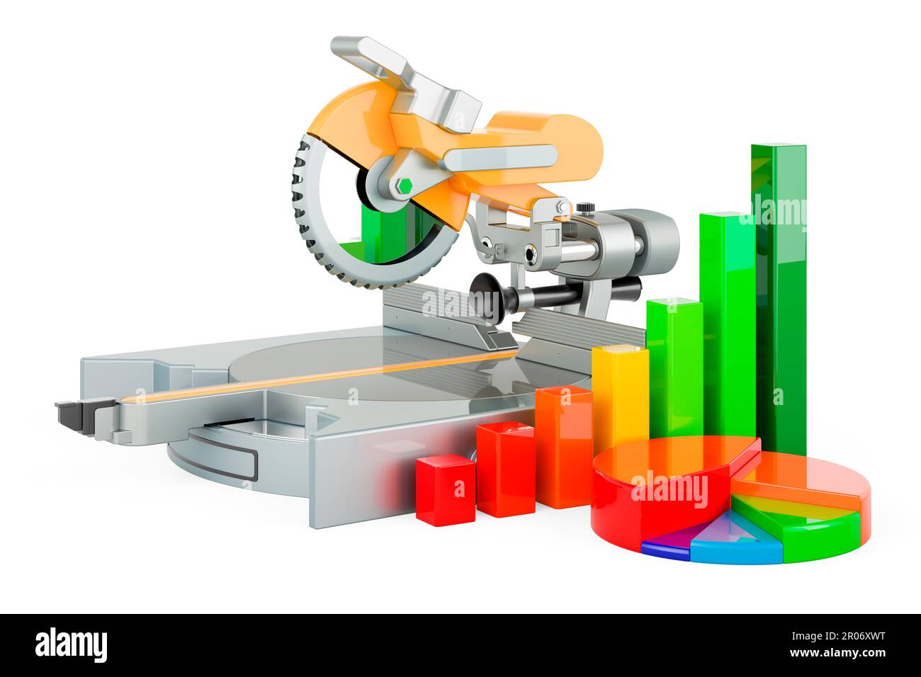 Table circular saw with growth bar graph and pie chart, 3D rendering ...