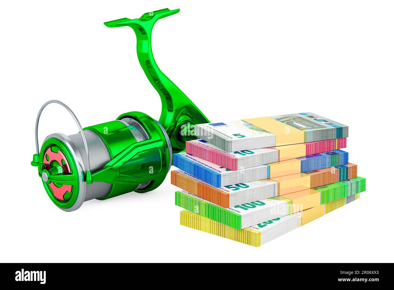 Spinning reel with money, euro packs. 3D rendering isolated on white ...