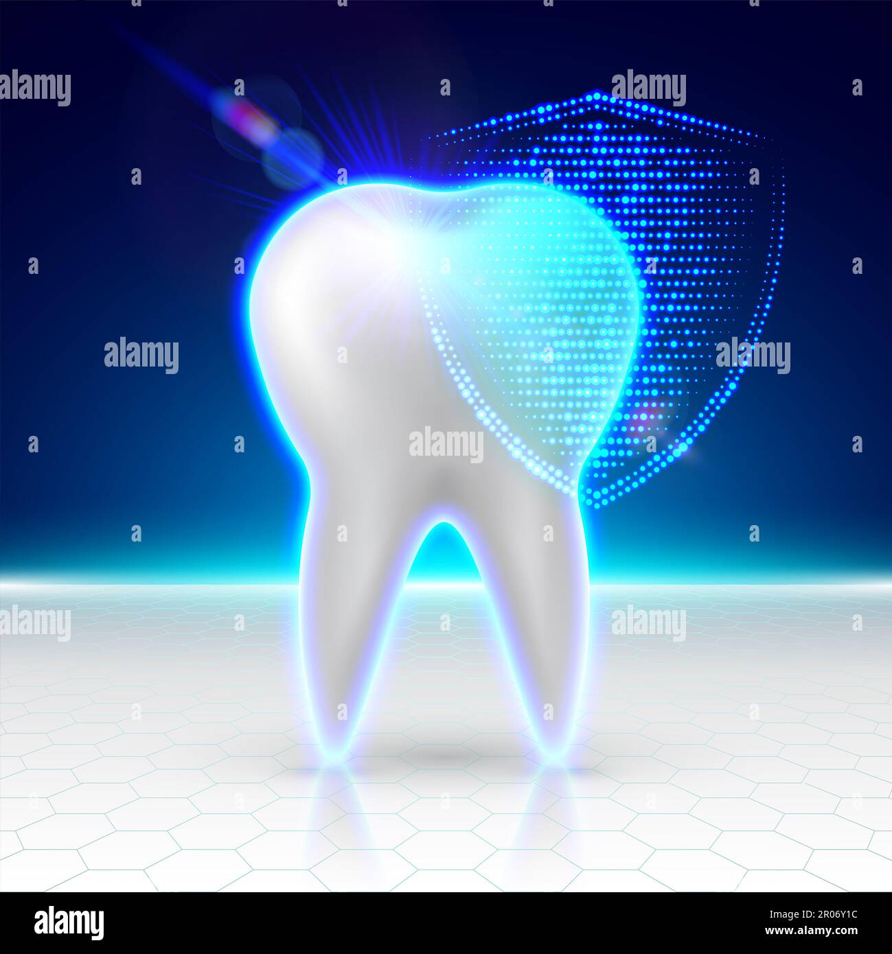 White tooth protected by glowing digital shield. Anti-caries protection ...