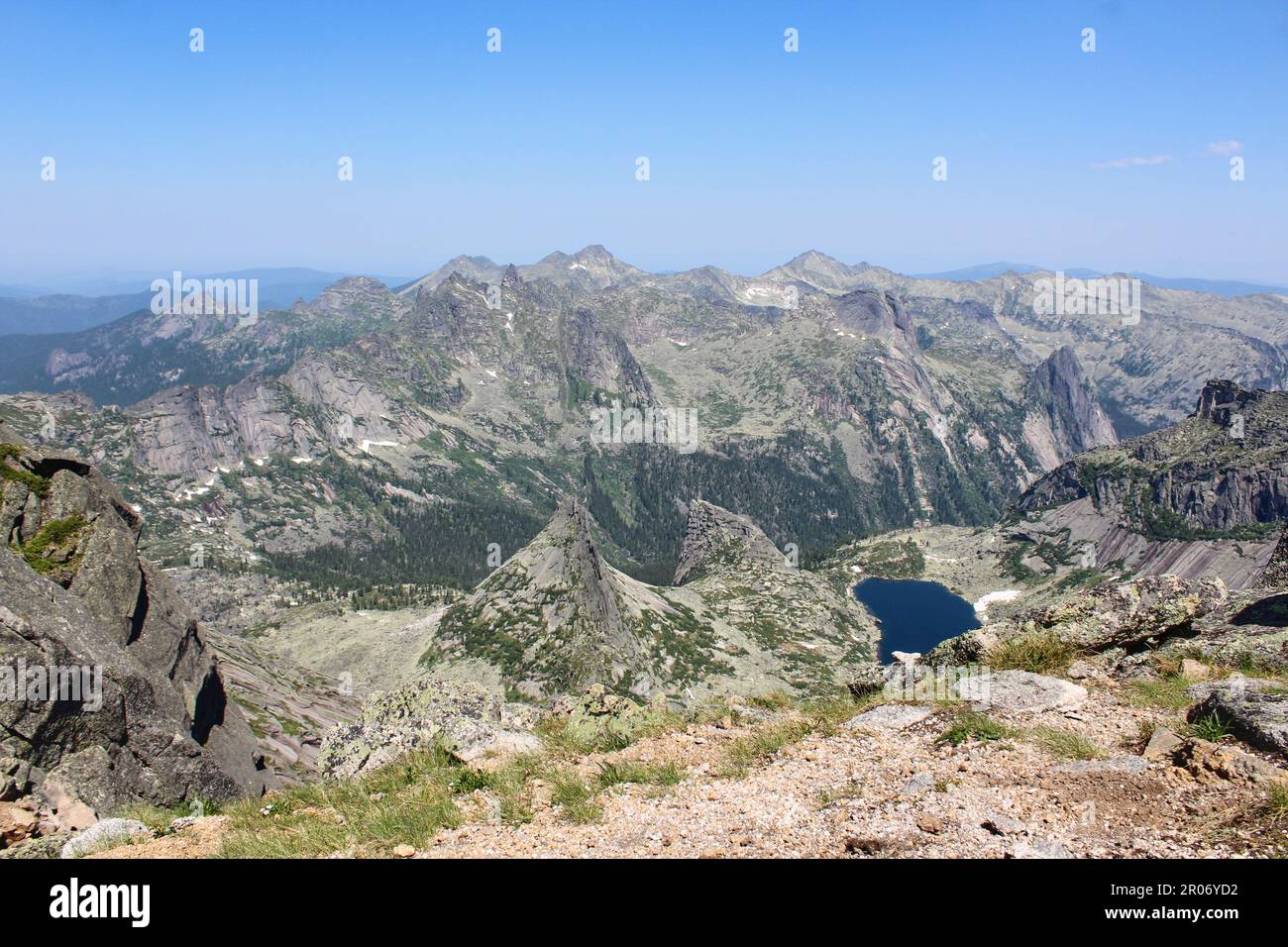 Amazing summer mountains landscape, high sharp peaks. Famous landmark ...