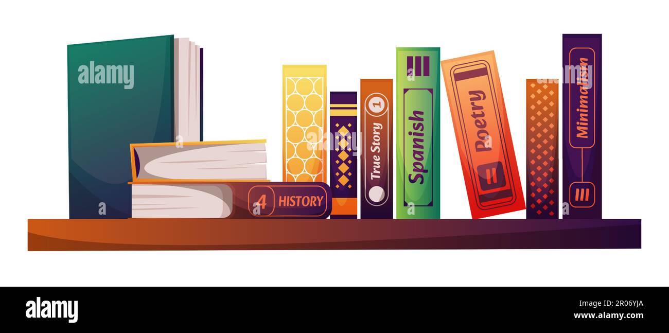 Book shelf. Cartoon fantasy fiction library with colorful books, child ...