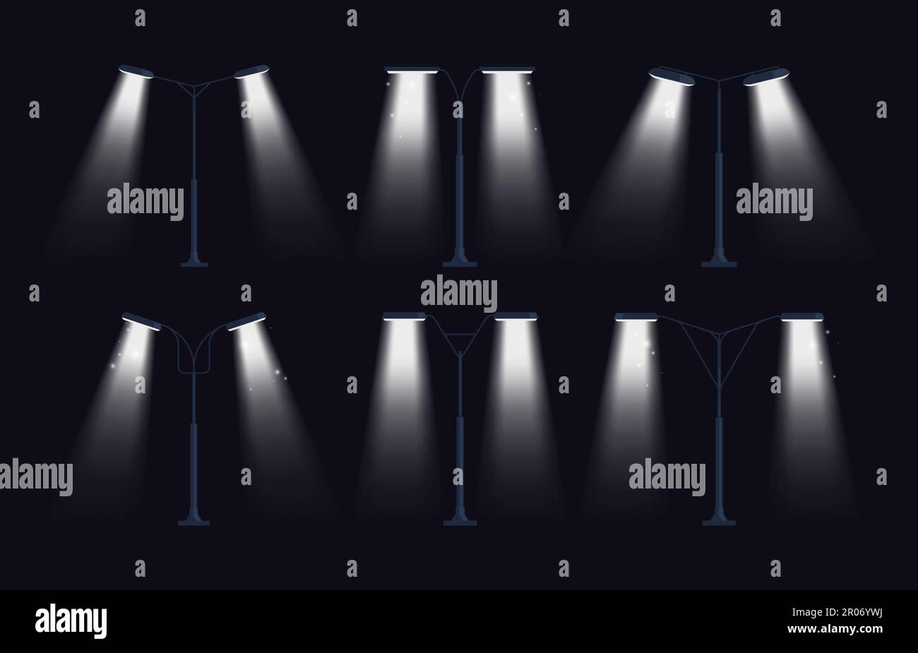 City light row. Street lamp system with light bulb, streetlight night ...