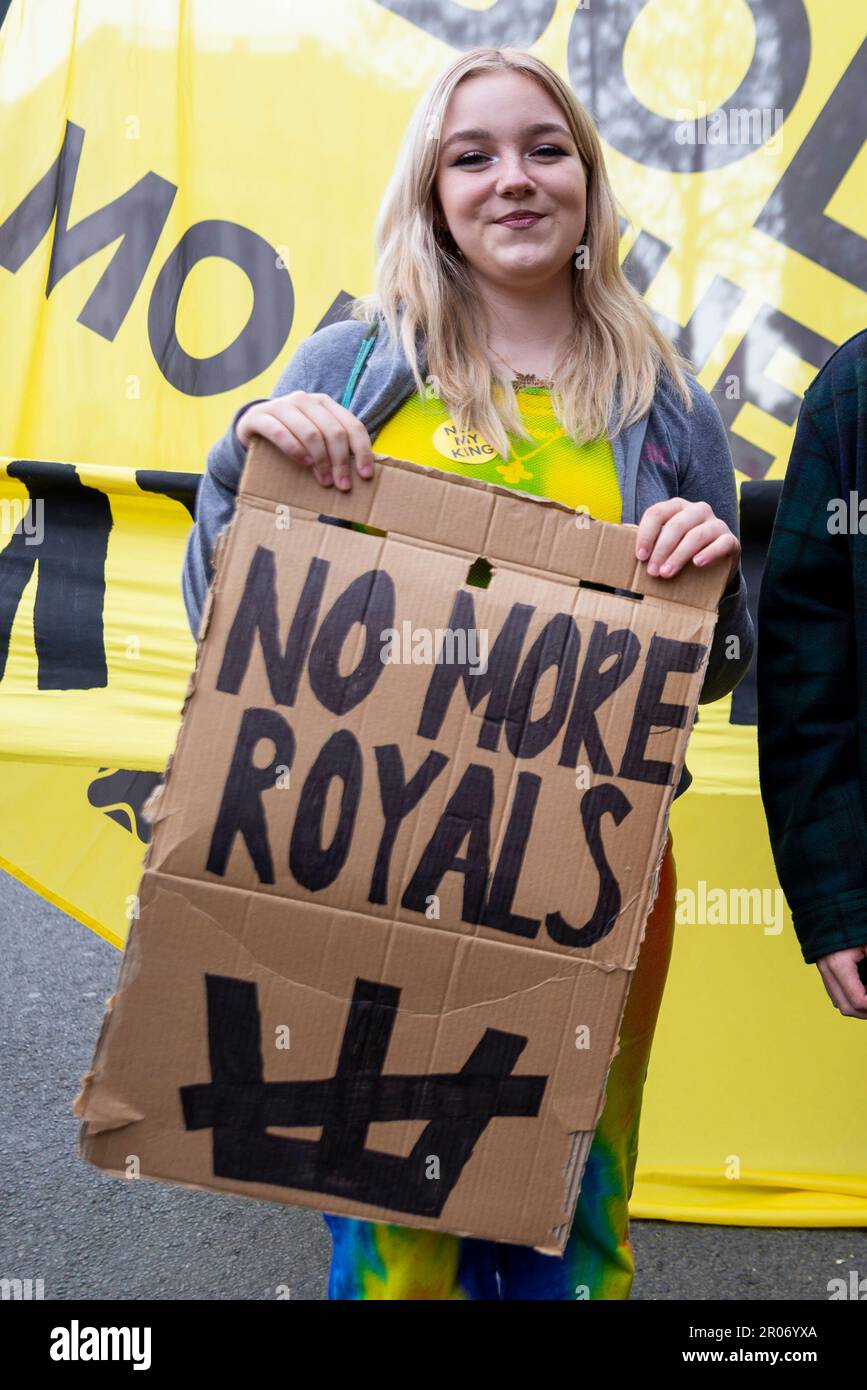 Young female with no more royals placard at a 'Not my King' protest ...