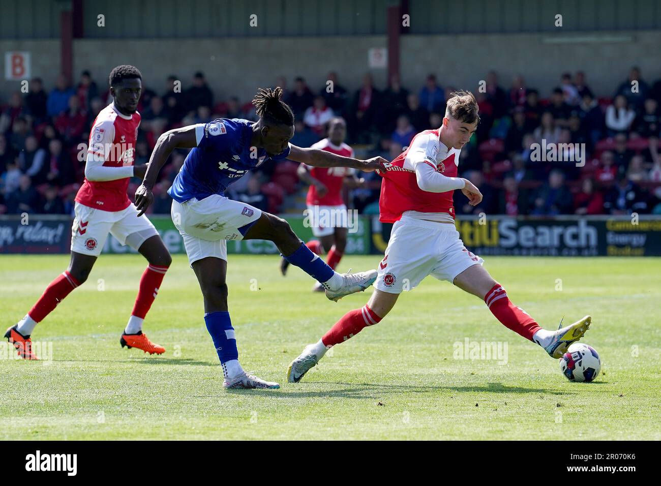 Ipswich Town’s Freddie Ladapo (left) shoots gets his shot away from ...