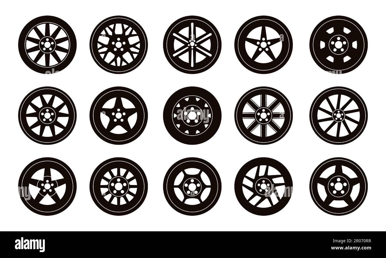 Black car rims. Automobile disc rims silhouette, round vehicle steel ...