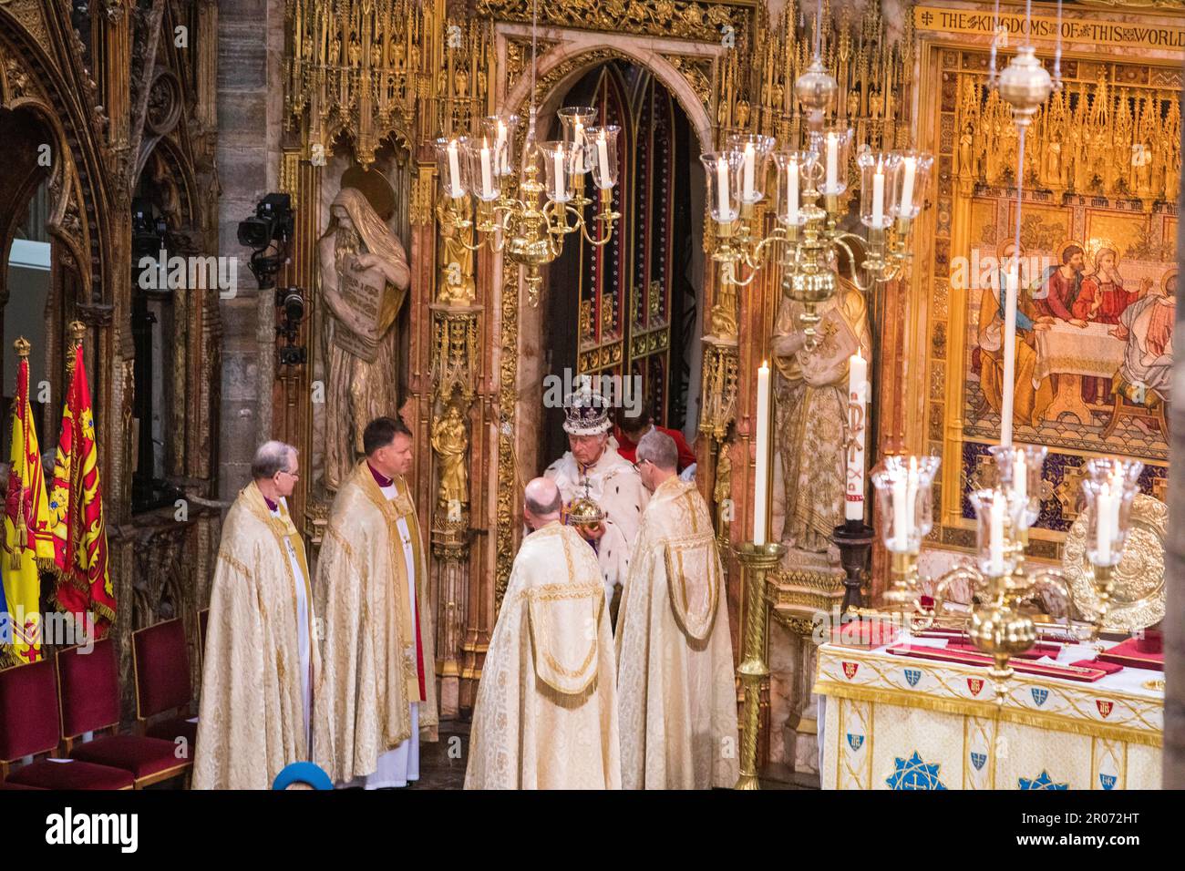 King Charles III wearing St Edward's Crown, during his coronation at ...