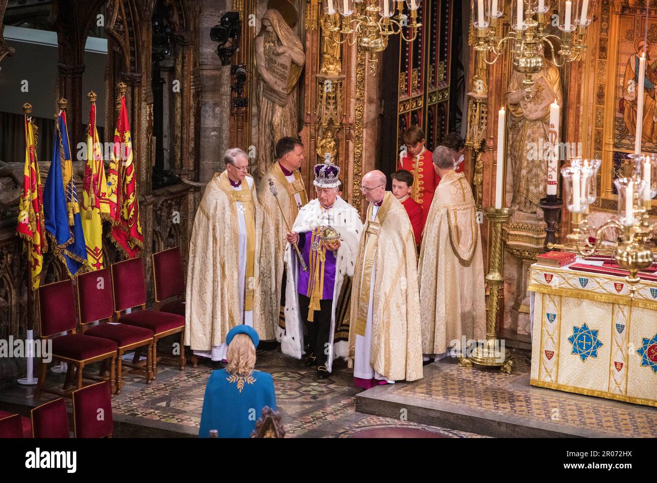 King Charles III wearing St Edward's Crown, during his coronation at ...