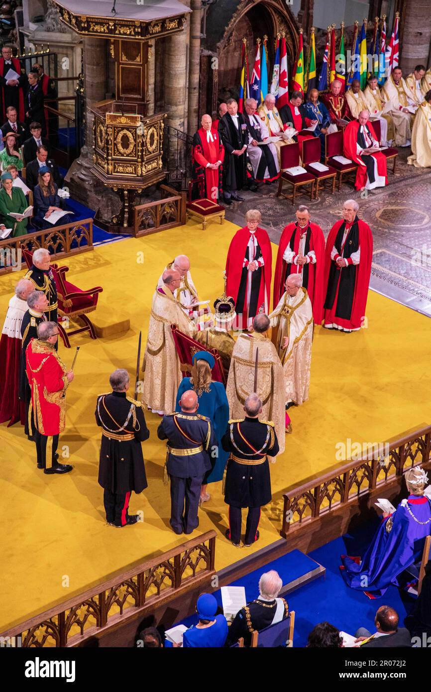 King Charles III wearing St Edward's Crown, during his coronation at ...