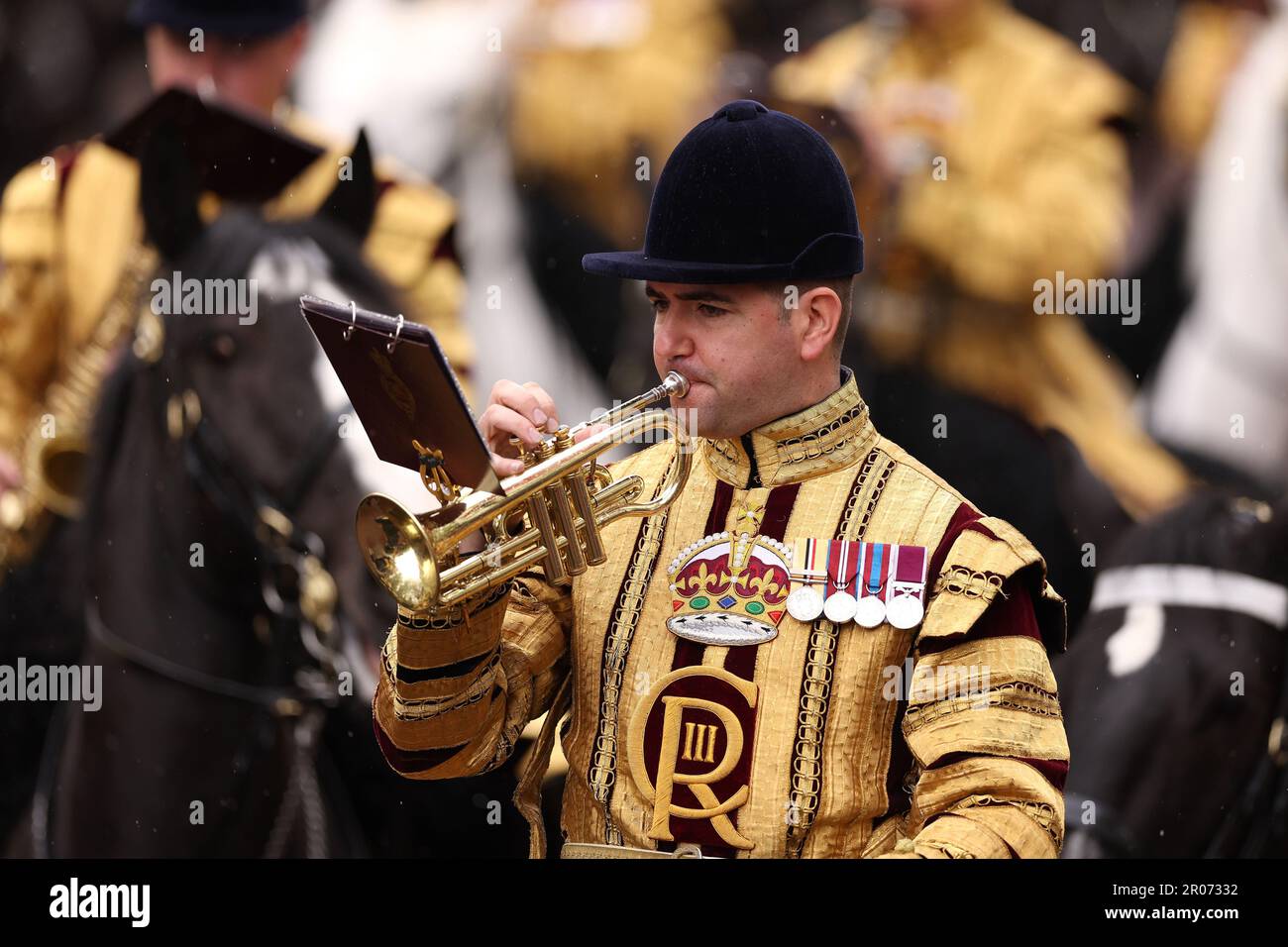A member of The Household Cavalry Mounted Band on the Mall during the ...