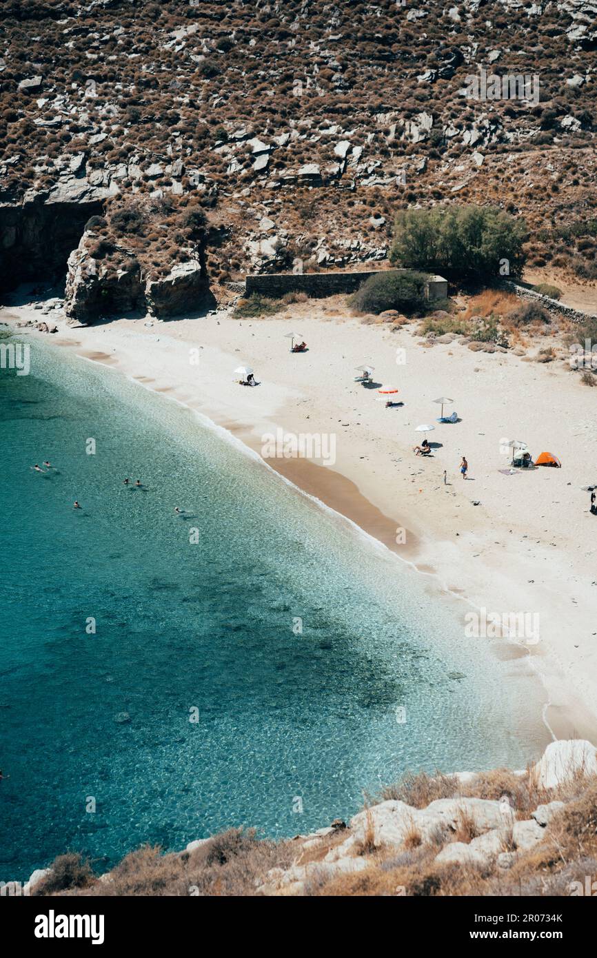An aerial view of a group of people sunbathing on the Sikamia Beach at ...