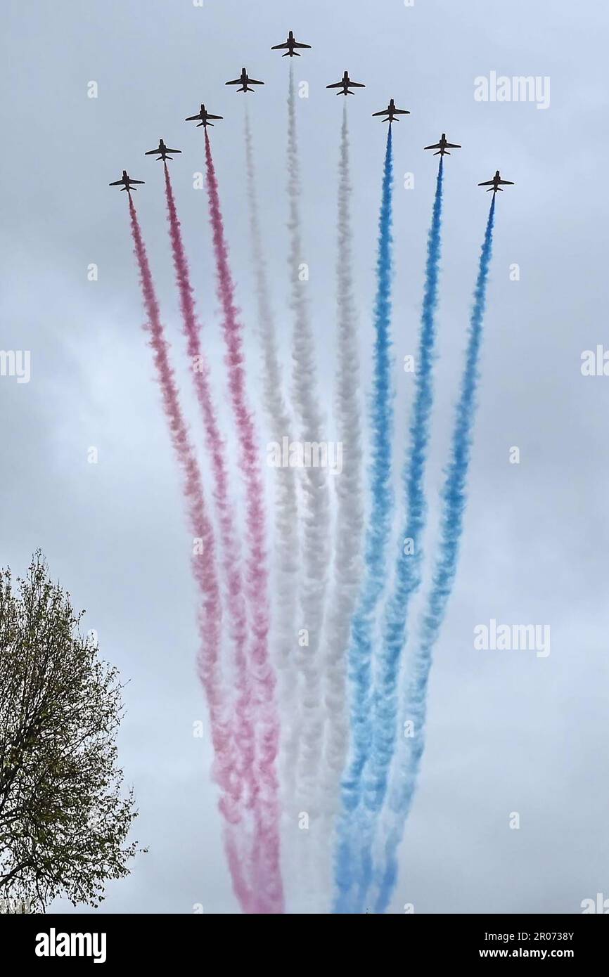 The Red Arrows take part in the fly past as they fly over The Mall ...
