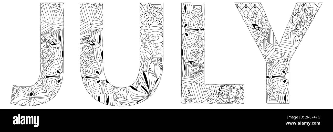 Hand-painted art design for coloring. Hand drawn illustration word JULY ...
