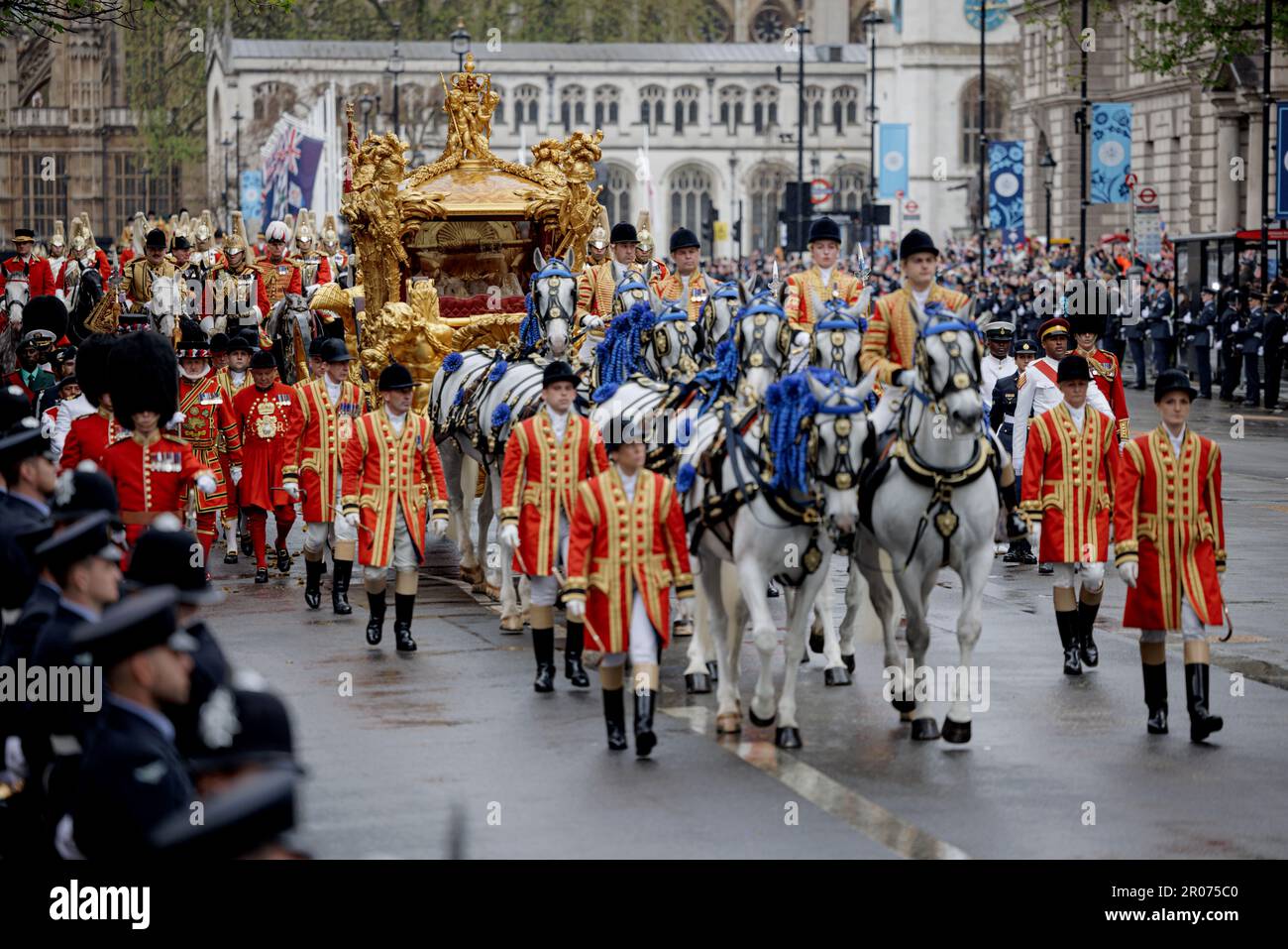 King Charles III and Queen Camilla are carried in the Gold State Coach ...