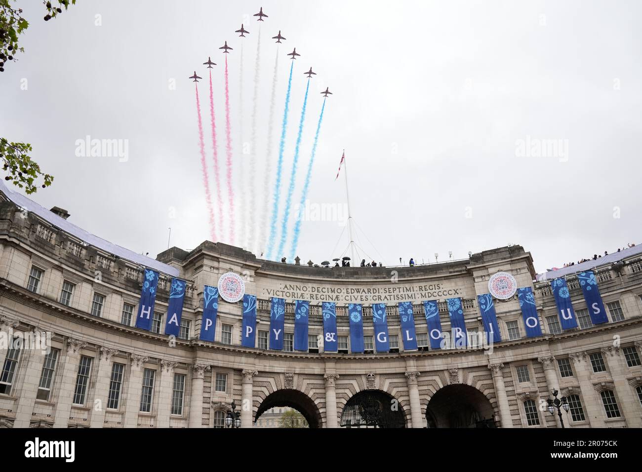 The RAF's Red Arrows display team, fly over Admiralty Arch after the ...