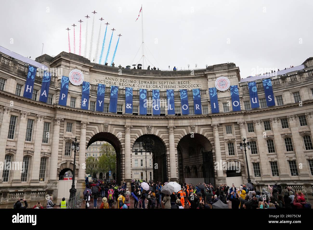 The RAF's Red Arrows display team, fly over Admiralty Arch after the ...