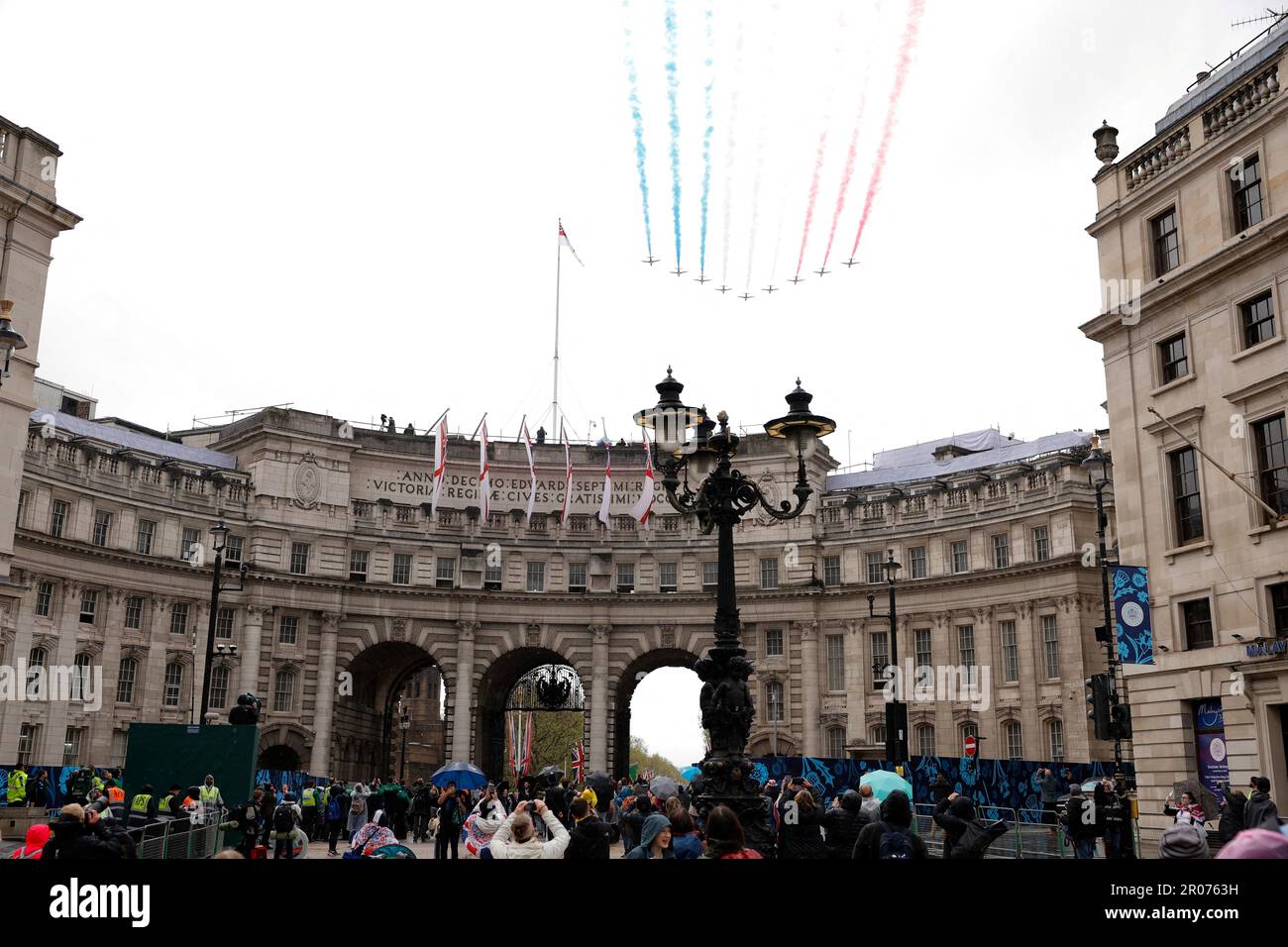 A general view of a flypast by aircraft from the Red Arrows over ...
