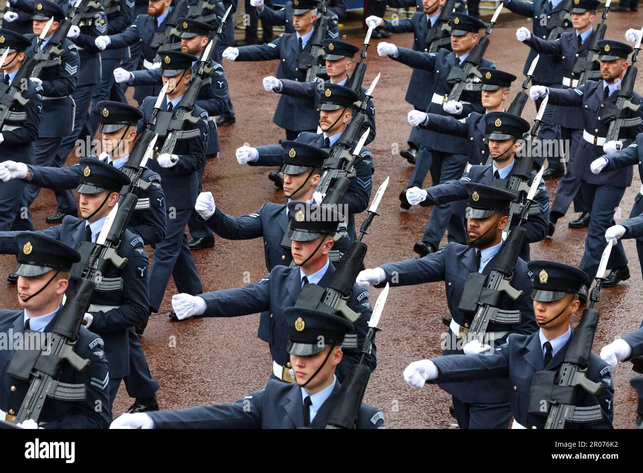 Members of the RAF Regiment march along The Mall in London, following ...