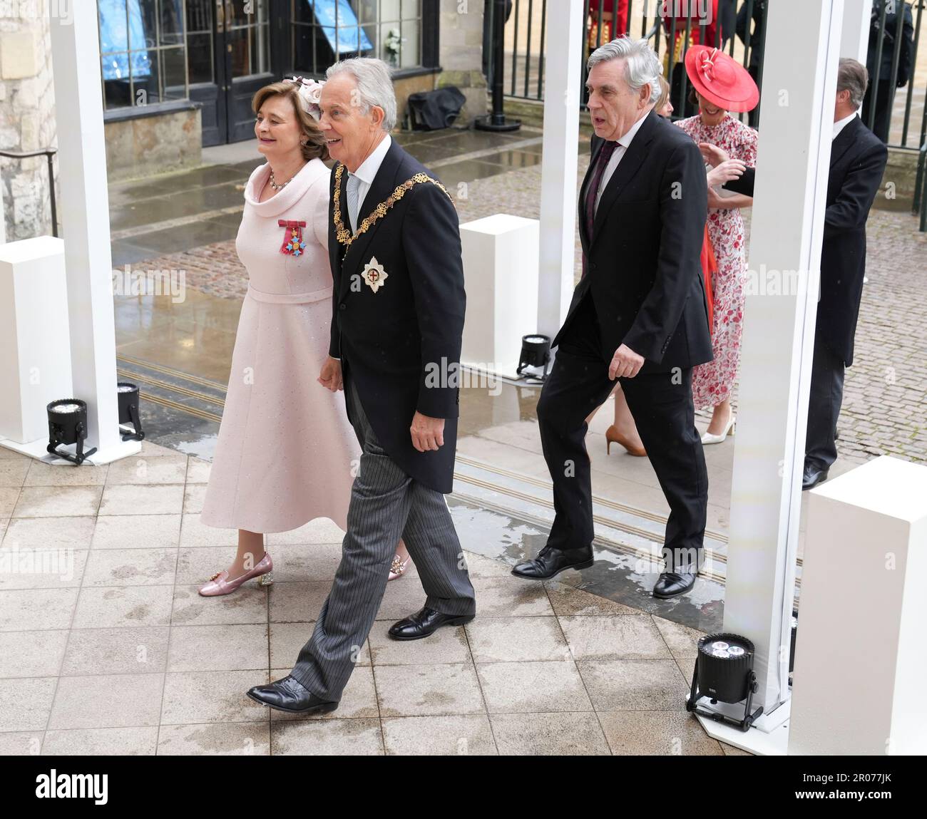 Former prime ministers Gordon Brown (back right) and Tony Blair with ...