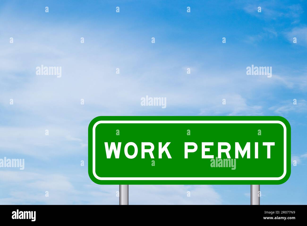 Green color transportation sign with word work permit on blue sky with ...