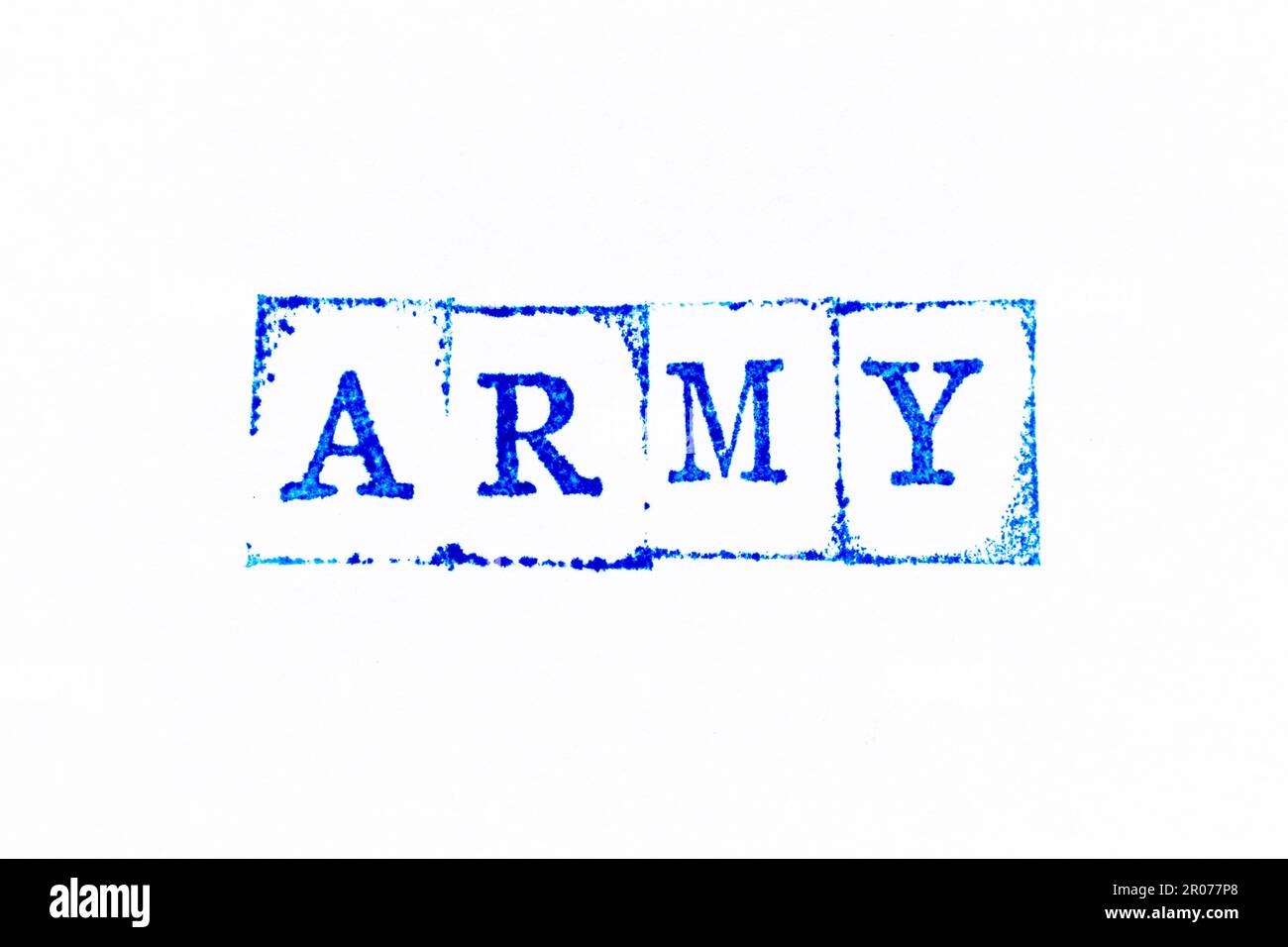 Blue color ink rubber stamp in word army on white paper background ...
