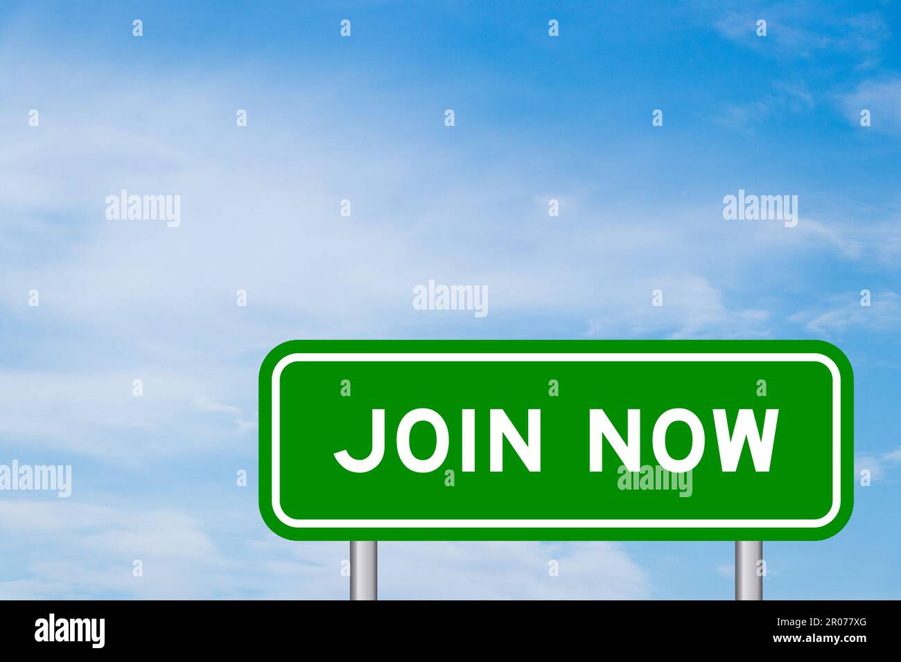 Green color transportation sign with word join now on blue sky with ...