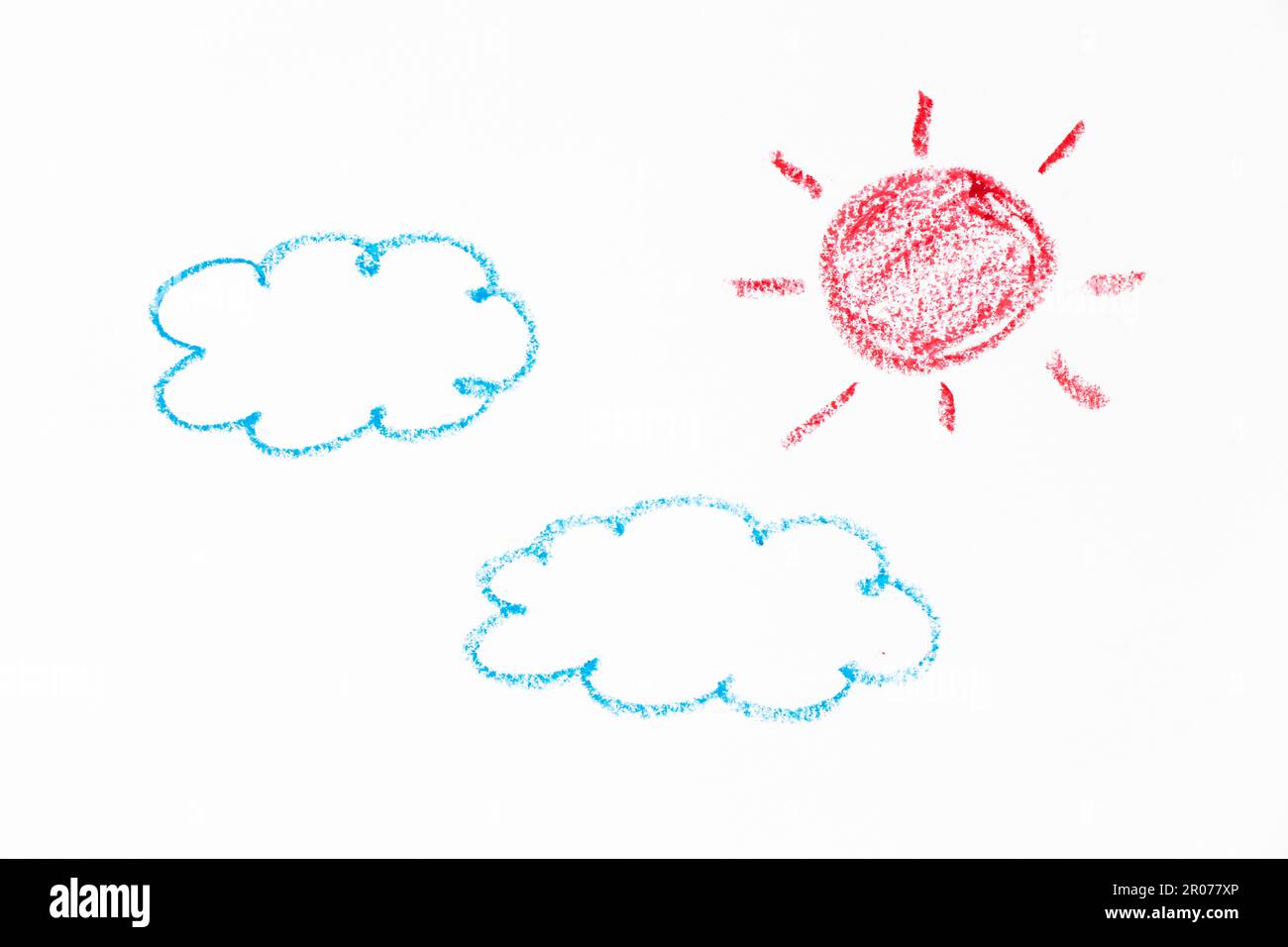 Color oil pastel hand drawing in sun with ray and cloud shape on white ...