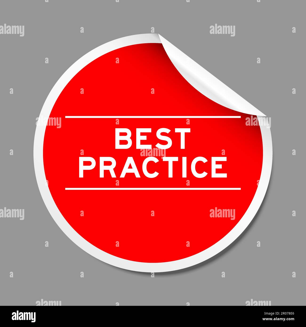 Red color peel sticker label with word best practice on gray background ...