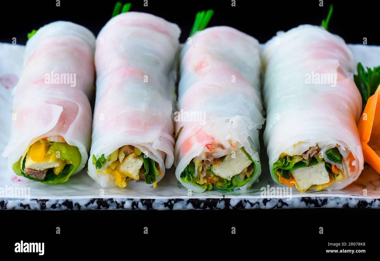 Vietnamese Pho spring roll with seafood, tofu, vegetables isolated on ...